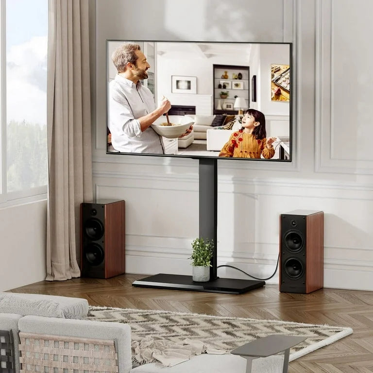FITUEYES Modern Black Swivel Floor TV Stand with Power Strip Mount for ...