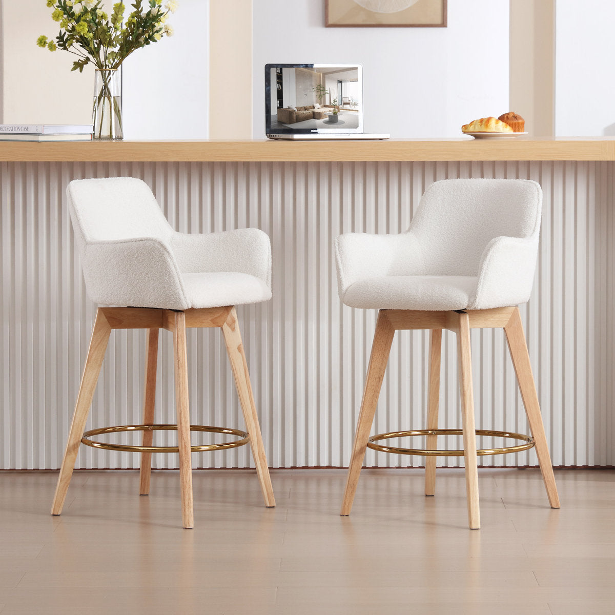 Lovetro Swivel Full Back Linen Upholstered 26" H Counter Stool with So ...